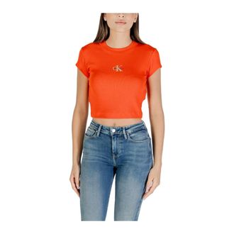 Calvin Klein Jeans Tee-shirt en coton &agrave; col rond et manches courtes - Femme - Tops - Rouge - Taille: 40 FR