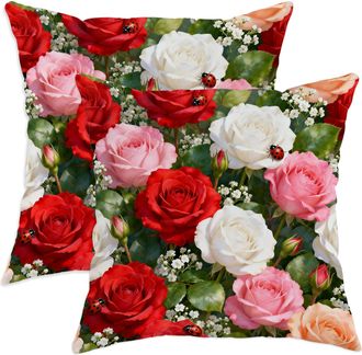 Generic Rosenbl&uuml;te, Realistischer Marienk&auml;fer, Blatt, Fr&uuml;hlingsrot Dekokissen Dekorative Sofakissen Komfort Kissenh&uuml;llen F&uuml;r Heimdekoration Schlafzimmer Sofa 
