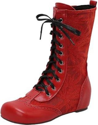 Generic Bottes &agrave; lacets pour femme - Talon plat - Style d&eacute;contract&eacute; - Polyvalentes - Bout rond - Confortables - Coupe large - Pour lautomne et lhiver, Rouge, 