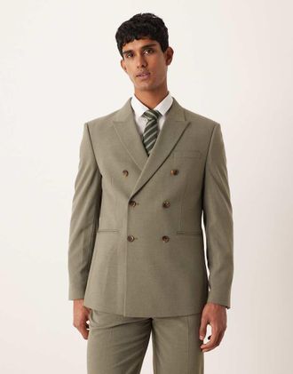 Asos Zweireihige Anzugjacke in Khaki in regul&auml;rer Passform-Gr&uuml;n