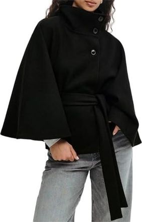 Generic Ponchos à manches chauve-souris pour femmes, manteau caban, col montant, veste cape courte avec ceinture, manteau court dhiver, Noir, XXL