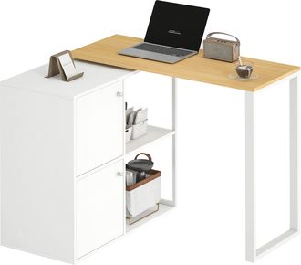 HOMCOM Schreibtisch L-förmig, 360° drehbarer Eckschreibtisch mit 2 Lagerschränken, 2 offenen Regalen, Computertisch für kleine Räume, Arbeitszimmer, Wohnzimm