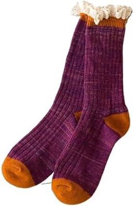 Generico Chaussettes mi-mollet avec garniture en dentelle, chaussettes de printemps avec fil &eacute;pais pour femme 2 paires, Color2, Taille Unique