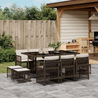 vidaXL 11-tlg. Garten-Essgruppe mit Kissen Braun Poly Rattan - Vidaxl