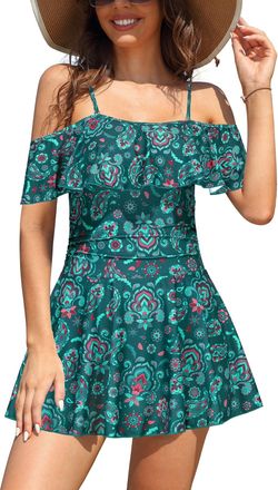 SHEKINI Damen Einteiliger Badeanzug Badekleid Rückenfrei Baderock Ruched Bauchweg Bauchkontrolle Damen Strandbadeanzug Bademode Großer Größe Schwimmrock(XXL,D