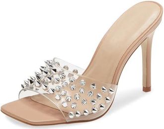 Generic Mules élégantes à Talons Aiguilles et Rivets Transparents pour Femmes, Sandales à Talons Hauts carrées à Bout Ouvert, Chaussures dété à Enfiler et à B