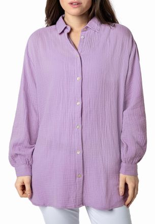 Sublevel Langarm Musselin Bluse mit Kentkragen - Damen Muselin Oversize Bluse, Baumwolle, Knopfleiste in verschienden Farben purple S/M