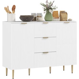 HOMCOM Buffet meuble cuisine rangement avec 3 tiroirs, &eacute;tag&egrave;res r&eacute;glables, placards &agrave; portes cannel&eacute;es, 120 x 40 x 90 cm, blanc-Blanc