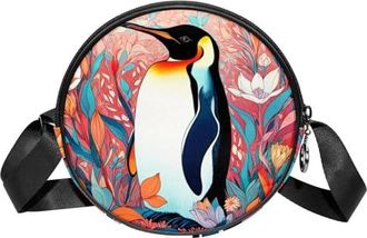 Generic Sac &agrave; bandouli&egrave;re rond pour femme, motif pingouin &agrave; dessin color&eacute;, petit sac &agrave; dos &agrave; bandouli&egrave;re avec fermeture &eacute;clair, bretelles r&eacute;glables, sac &agrave; mai