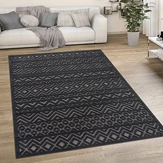 Paco Home Tapis Exterieur Terrasse Salon Cuisine Motif Scandinave Motif Ethnique Uni, Dimension:200 cm Rond, Couleur:Anthracite