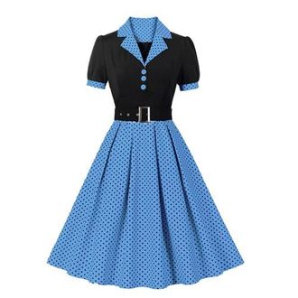 Generic Robe d&eacute;t&eacute; pour femme - Noir - Broderie - Coutures - Temp&eacute;rament - Swing - R&eacute;tro - Automne - Manches courtes - Robe de club, bleu, XXL