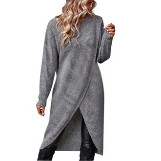 Generic Robe pull midi &agrave; manches longues - Robe tunique noire pour femme - Robe pull &agrave; ourlet fendu, col rond, coupe ample, c&ocirc;tel&eacute;e, double couche, ourlet asy