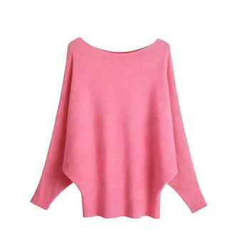 Generic Pull tricot&eacute; &agrave; manches chauve-souris pour femme - Col bateau - Manches chauve-souris - Pull dhiver &agrave; col bateau, rose rouge, Taille unique