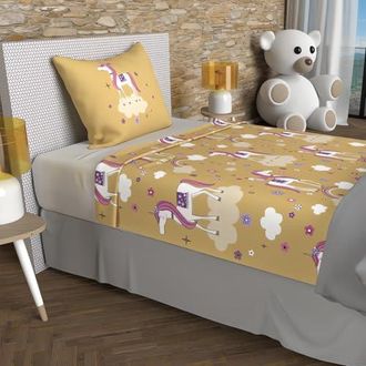 Soleil d'Ocre Parure de draps 180x290 cm Licornes Jaune, 100% Coton 57 Fils/cm2