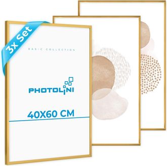Photolini Bilderrahmen 40x60 Gold, Kunststoff 40x60 cm Bilderrahmen 3er Set mit bruchsicherem Acrylglas, Rahmen 60x40 zum Aufhängen mit Zubehör - Dokumentenrahm