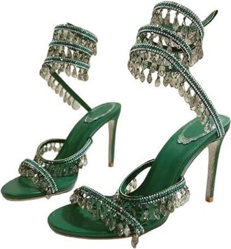 Generic YUJIEBB Sandales d&eacute;t&eacute; &agrave; talons hauts pour femme avec strass et perles de cheville serpent ficelle autour des chaussures de mariage sandales de gladiat