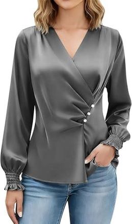 Generic Chemisier en satin &eacute;l&eacute;gant pour femme avec col en V fronc&eacute; sur le devant - Toucher soyeux - Haut de soir&eacute;e habill&eacute; pour le bureau, le travail, le quot