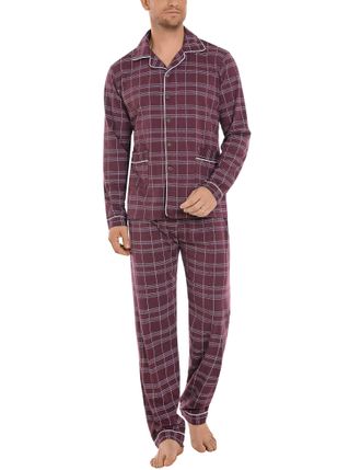 iClosam Herren Schlafanzug Winter Lang Pyjamas Set Baumwolle Schlafanz&uuml;ge M&auml;nner Zweiteiliger mit Kn&ouml;pfen Langarm Karierter Nachtw&auml;sche mit V-Ausschnitt Loung