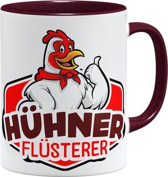 OM3 H&uuml;hnerfl&uuml;sterer Tasse Farmer H&uuml;hner Fl&uuml;sterer Huhn Hahn IV - Keramik Becher - 11oz 325ml - Beidseitig Bedruckt - Bordeaux