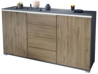 Vladon Sideboard Faro V1 - Kommode mit 2 T&uuml;ren & 4 Schubladen, Schrank mit LED Lichtleiste, Anthrazit matt/Eiche Evoke (138,5 x 75,5 x 35)