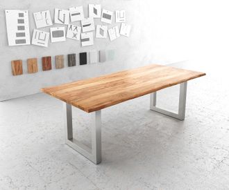DELIFE Esstisch Edge 220x100cm Akazie Natur Edelstahl breit Live-Edge, Esstische, Baumkantenm&ouml;bel, Massivholzm&ouml;bel, Massivholz