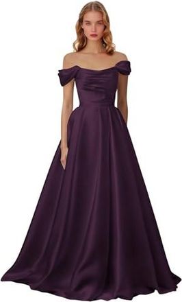 Generic Robe de bal longue fronc&eacute;e en satin &agrave; &eacute;paules d&eacute;nud&eacute;es pour femme avec poches, violet, 46