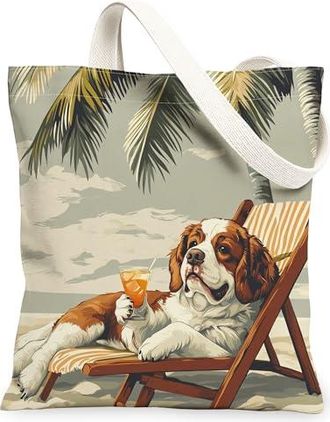 Generic Sac fourre-tout amusant en toile motif chien Saint-Bernard 33 x 38,1 cm, sac &agrave; bandouli&egrave;re r&eacute;utilisable pour femme, peinture danimaux domestiques, d&eacute;c