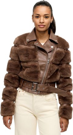 Tazzio Damen Jacke mit Biker-Vibe - Fellstreifen und cooler Reverskragen, mit G&uuml;rtel (Braun, S)