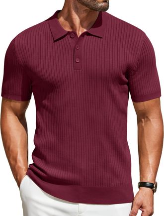 Coofandy Poloshirt Herren Kurzarm Strick Polo Männer T-Shirt mit Knopfleiste Gestricktes Golf Polohemd Slim Fit Weinrot XL