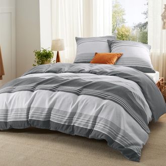 Bedsure Bettw&auml;sche 240x220 3teilig Bettbezug - Bettw&auml;sche-Sets Grau 240 x 220 cm mit 2 Kissenbez&uuml;ge 65x65 cm, &Ouml;KO-TEX Wendebettw&auml;sche Bedding Grau Gestreift M