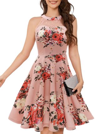 Bbonlinedress Sommerkleid Damen Neckholder Blumendruck Kleid Cocktail Festliche Kleider Brautkleid Abendkleider elegant f&uuml;r Hochzeit Blush Flower 2XL
