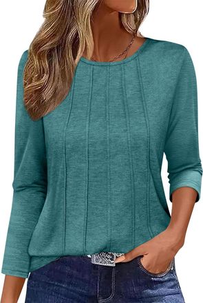 Onsoyours Shirt Damen 3/4 Arm Rundhals Mit Falten Tshirt Leichte Pullover Sommer Herbst Oberteile Casual Basic T-Shirts A T&uuml;rkis XL