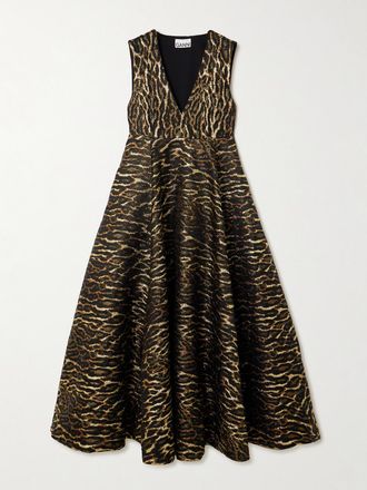 Ganni Midikleid Aus Recyceltem Cloqu&eacute; Mit Metallic-leopardenmuster - Animal-Print