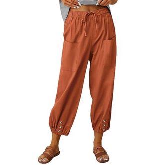 Generic Pantalon Lin Femme &Eacute;t&eacute; Blanc D&eacute;contract&eacute; Pantalon D&eacute;contract&eacute; pour Femme en Coton et Lin Coupe Ample Taille Haute Poches Jambes Larges Fendues Style 9