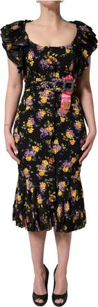 Dolce & Gabbana Femme, Robes, Multicolore, Taille: 38 FR Robe Midi en Soie avec Broche de Cristal