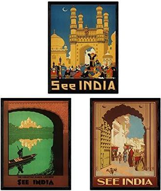 Nacnic Poster Vintage. Les Affiches publicitaires dans Le Monde. Trois Feuilles Anciennes de lInde. Format A3 sans Cadre