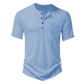 Generic T Shirt Homme T-Shirt D&eacute;contract&eacute; Manches Courtes Couleur Unie Boutonn&eacute; Quotidien Activit&eacute;s de Plein Air Printemps &Eacute;t&eacute; Haut Confortable, bleu ciel, 3X