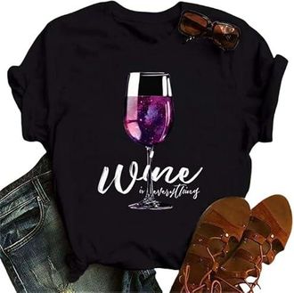 Keephen Verre &agrave; Vin T-Shirt pour Femmes Nouveaut&eacute; Verre &agrave; Vin Impression 3D T-Shirts &Eacute;t&eacute; Col Rond Manches Courtes Chemises &Eacute;t&eacute; Tee Casual Tops