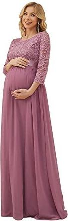 Ever-pretty Robe de Grossesse Shooting Photo Longue Dentelle Femme Plissé Manches 3/4 Col Rond A Line Chic Orchidée 38