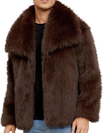 Generic Manteau dhiver chaud en fausse fourrure pour homme avec col à revers - Veste rembourrée douce et ouverte - Confortable - Solide - Manches longues, caf