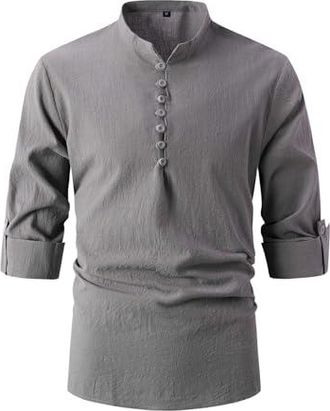 Generic Chemise &agrave; demi-boutons pour homme, chemise en coton et lin, chemises minimalistes de couleurs unies, chemises respirantes et polyvalentes, confortable