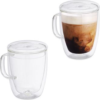 Relaxdays Doppelwandige Kaffeegl&auml;ser, 2er Set, 500 ml, Teegl&auml;ser mit Henkel & Deckel, Borosilikatglas, transparent
