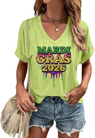 Generic T-shirt Mardi Gras pour femme, col en V - T-shirt d&eacute;contract&eacute; &agrave; manches courtes pour carnaval, v&ecirc;tements d&eacute;t&eacute; - pour les loisirs et les voyages, Vert,