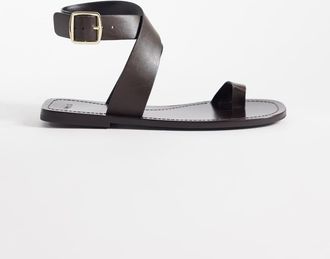 Mango Sandales plates 100 % cuir avec bout fantaisie - Chocolat-Marron