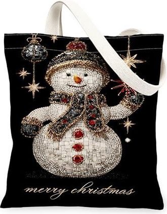 Generic Sacs fourre-tout en toile motif bonhomme de neige de No&euml;l, sacs d&eacute;picerie r&eacute;utilisables, l&eacute;gers et lavables avec bandouli&egrave;re pour lhiver, noir, 13x15 