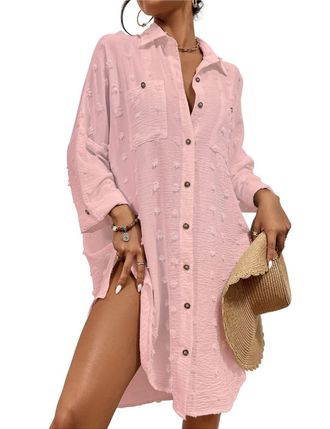 Bsubseach Badeanzug Coverup f&uuml;r Frauen Badeanzug Cover Up Button Down Shirt Kleider Swiss Dot Hell Rosa