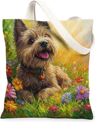 Generic Sac fourre-tout en toile motif chien de cairn terrier printanier 33 x 38,1 cm, sac d&eacute;picerie r&eacute;utilisable pour femme, animal de compagnie, peinture, d