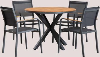 Sklum Archer-Set mit rundem Tisch (&Oslash;100 cm) und 4 Gartenst&uuml;hlen Grau Graphit