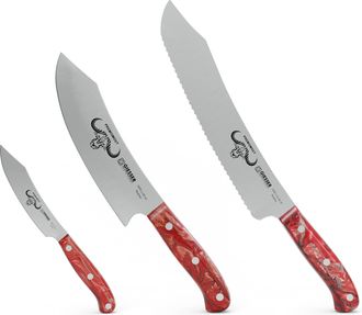 GIESSER seit 1776 - Made in Germany - Messerset 3 teilig, Red Diamond, PremiumCut, Kochmesser 20 cm, Brotmesser 25 cm, Officemesser 10 cm, rot, rostfrei, Gril