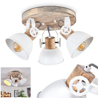 HOFSTEIN Deckenleuchte Orny, 3-flammige Zimmerlampe aus Holz und Metall in wei&szlig;, Industrial/Vintage Look Deckenstrahler, Rondell mit 3 x E27, die Leuchtenk&ouml;pfe